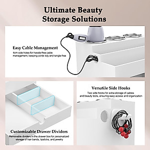 QooWare Hair Tool Organizer, Wood Hair Dryer Holder with Drawer & 3 Stainless Steel Cups, Versatile Bathroom Vanity Storage for Hair Styling Tools, Hot Tools, Brushes and Cosmetics - White