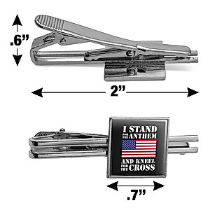 I Stand For The Flag Kneel Cross USA American Flag Patriotic Square Tie Bar Clip Clasp Tack Silver Color