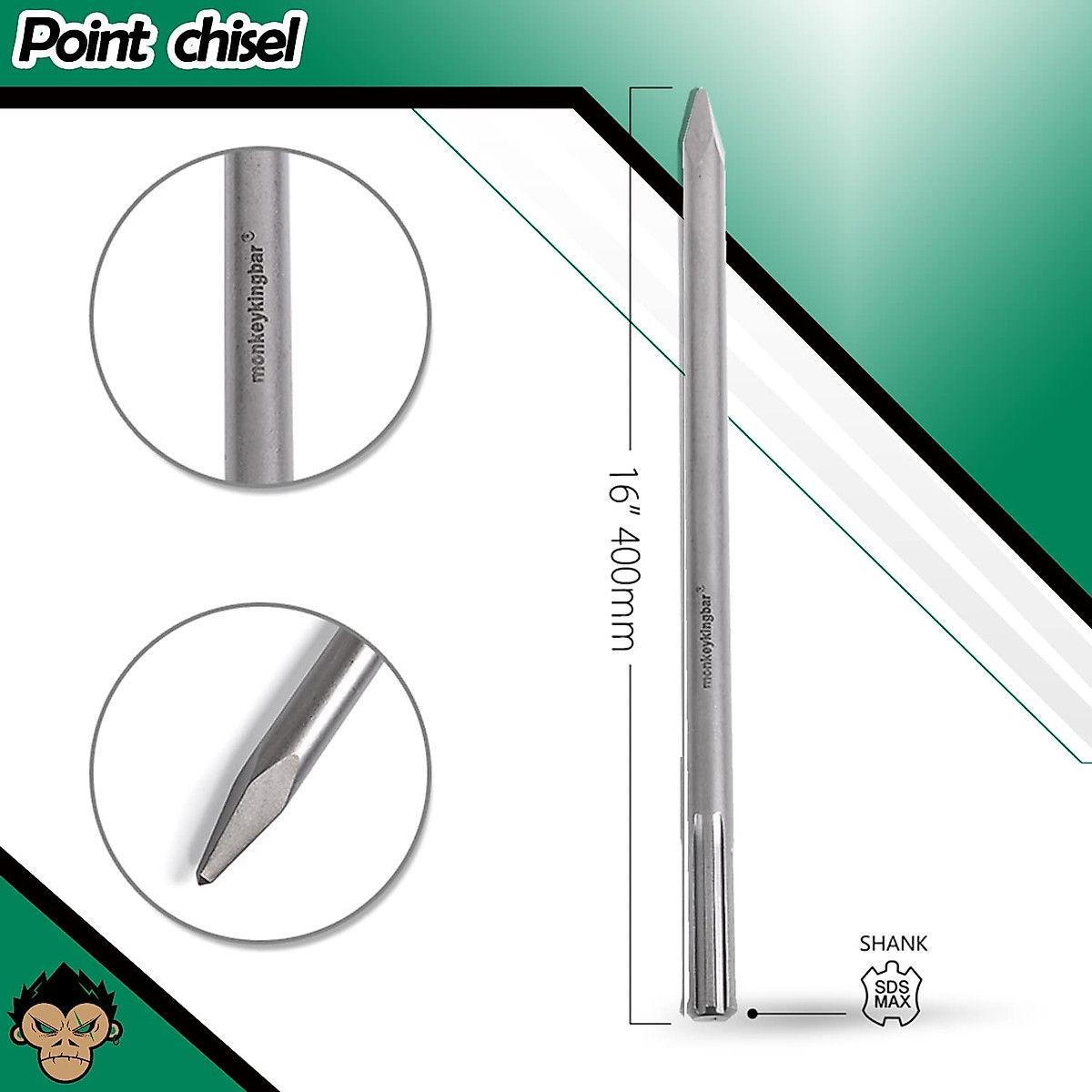 Monkey King Bar -Sds Max Bits 16" SDS Chisel Set-3pcs Masonry Drill Bits Set Suitable with All Brand of Sds Max Hammer Drills- Sds Max Chisel- Point Chisel, Scaling Chisel, Flat Chisel