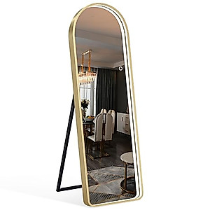 SDHYL Arched Full Length Mirror with Lights, 64"x20" LED Mirror Full Length with Stand, Full Body Mirror with Touch Button and Plug, Dimmable Brightness Dressing Mirror for Living Room, Gold