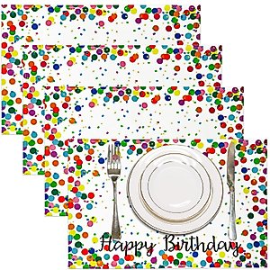 Letjolt Birthday Placemat Happy Birthday Sign Birthday Table Mats White Birthday Table Decorations Birthday Party Supplies, Set of 4