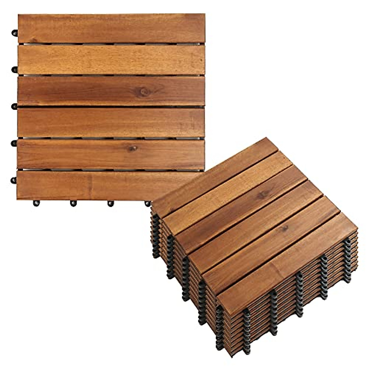 Acacia Wood Interlocking Deck Tiles for Outdoor/Indoor - (Pack of 10) 12"x12" All Weather Balcony Flooring - Snap Click Together Patio Tiles - Portable Waterproof Dance Floor Covering, Outside Walkway