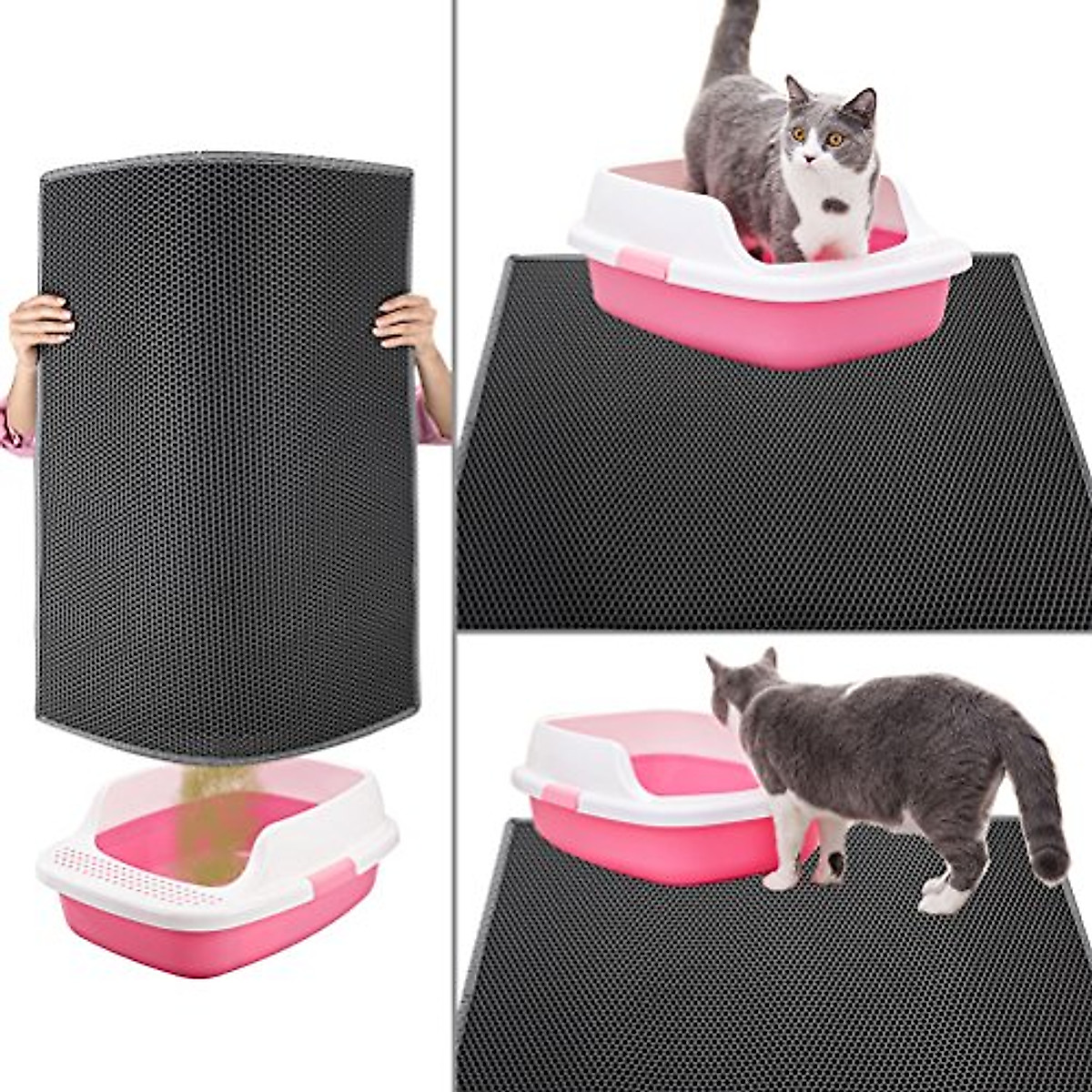 Pieviev Cat Litter Mat Anti-Tracking Litter Mat, 30" X 24" Inch Honeycomb Double Layer Waterproof Urine Proof Trapping Mat for Litter Boxes, Large Size Easy Clean Scatter Control (Scoop Included)