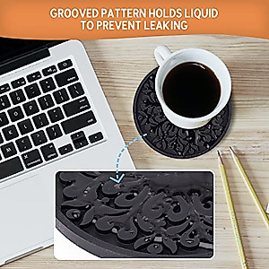 8 Pcs Boho Coasters for Drinks, Silicone Coasters with Holder, Boho Style Grooved Pattern, Tabletop Protection Coasters for Outdoor, Indoor, Coffee Table, Kitchen, Office, Bar, Heat Resistant