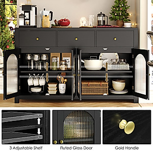 FINETONES Buffet Cabinet with Storage, 55.1" Large Sideboard Buffet Farmhouse Kitchen Cabinet with 3 Drawers and 4 Doors, Wood Coffee Bar for Kitchen, Black
