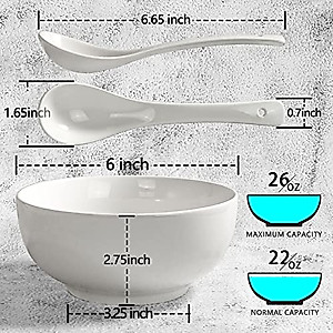 Artena Asian Soup Bowls with Spoons Set of 4, 26 oz Pasta, Ramen, Pho Bowls and Soup Spoons Set, Advanced Porcelain Elegant White Cereal Bowls for Kitchen, Dishwasher Microwave Oven Safe Bowls
