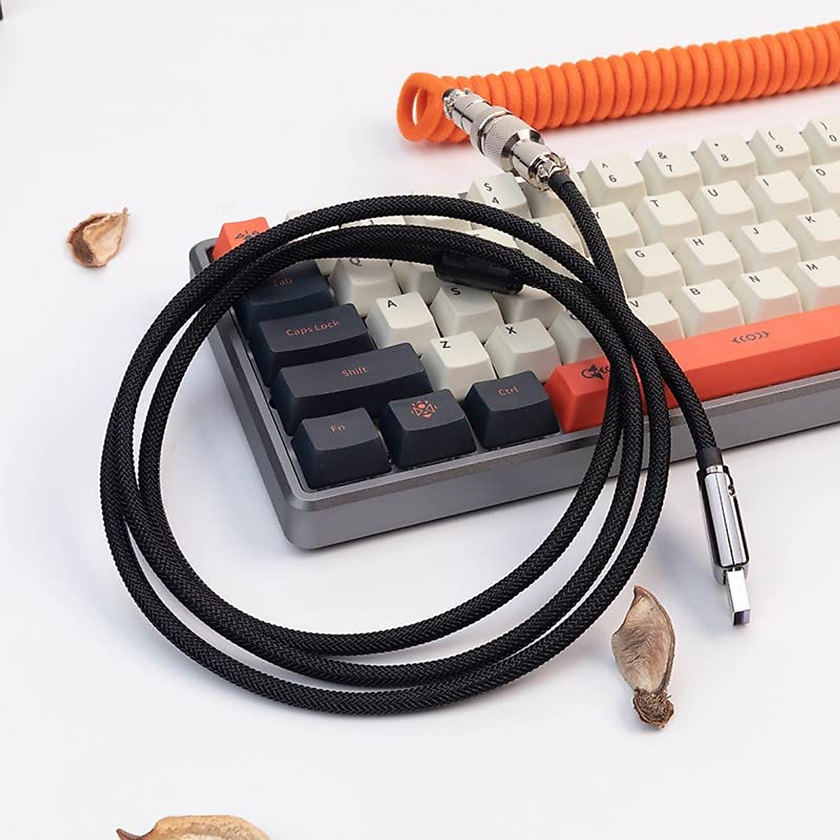 MICOMAKA Custom Double-Sleeved Mechanical Keyboard Cable, Handmade Coiled USB C Cable Artisan Braided Cables for Mechanical Gaming Keyboard Coiled Cable - Custom Keyboard Cable (Carbon)