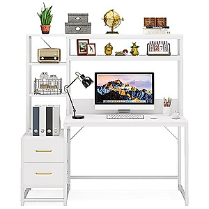 LITTLE TREE Computer Desk with Drawers and Hutch, Rustic Office Desk with Storage Shelves for Home Office