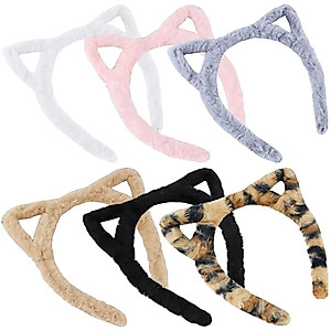 GAFATORY 6 Pack Cat Ears Headband Plush Headbands for Women Washing Face Cute Headband for Girls Kitty Headbands Festival for Halloween Furry Headbands for Party Cosplay Make Up