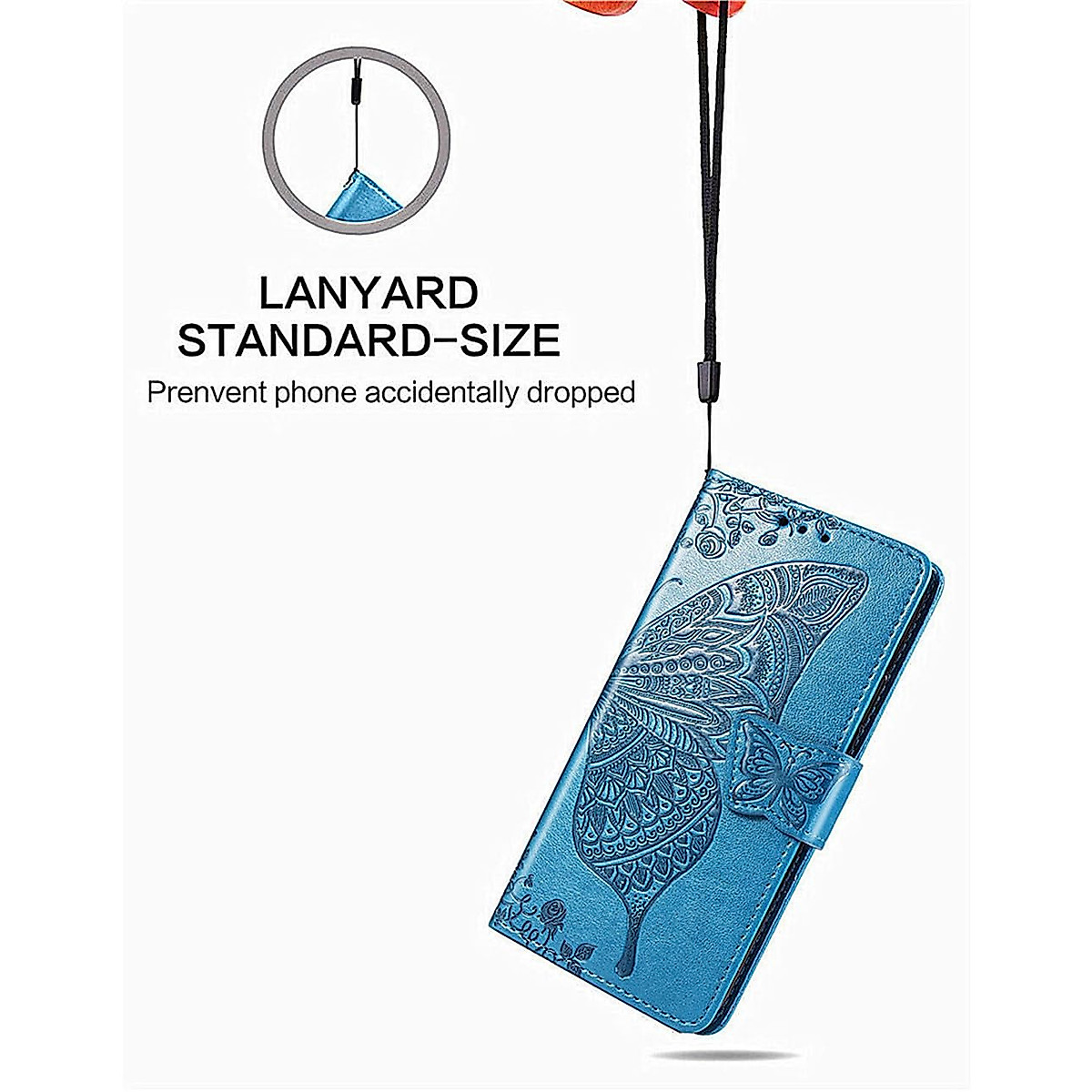 MEUPZZK for Google Pixel 6A Wallet Case, Embossed Butterfly Premium PU Leather [Kickstand] [Card Slots] [Wrist Strap] [Folio Flip] [6.1 inch] Phone Cover for Pixel 6A (A-Blue)