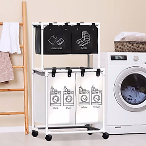 Laundry Hamper, laundry sorter 4 sections for Dirty Clothes, Rolling Laundry Basket with Large Capacity and Removable Bags for Clothes Storage,Large Laundry Storage for Room,White