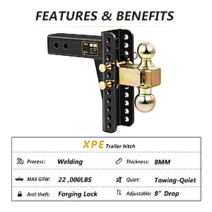 XPE Adjustable Trailer Hitch, Fits 2.5-Inch Receiver, 8-Inch Drop/Rise,2" & 2-5/16" Ball Hitches for Trucks, 22,000 LBS GTW - Receiver Hitch with Anti-Theft Pin, Solid Ball Mount, BLK,X-452508