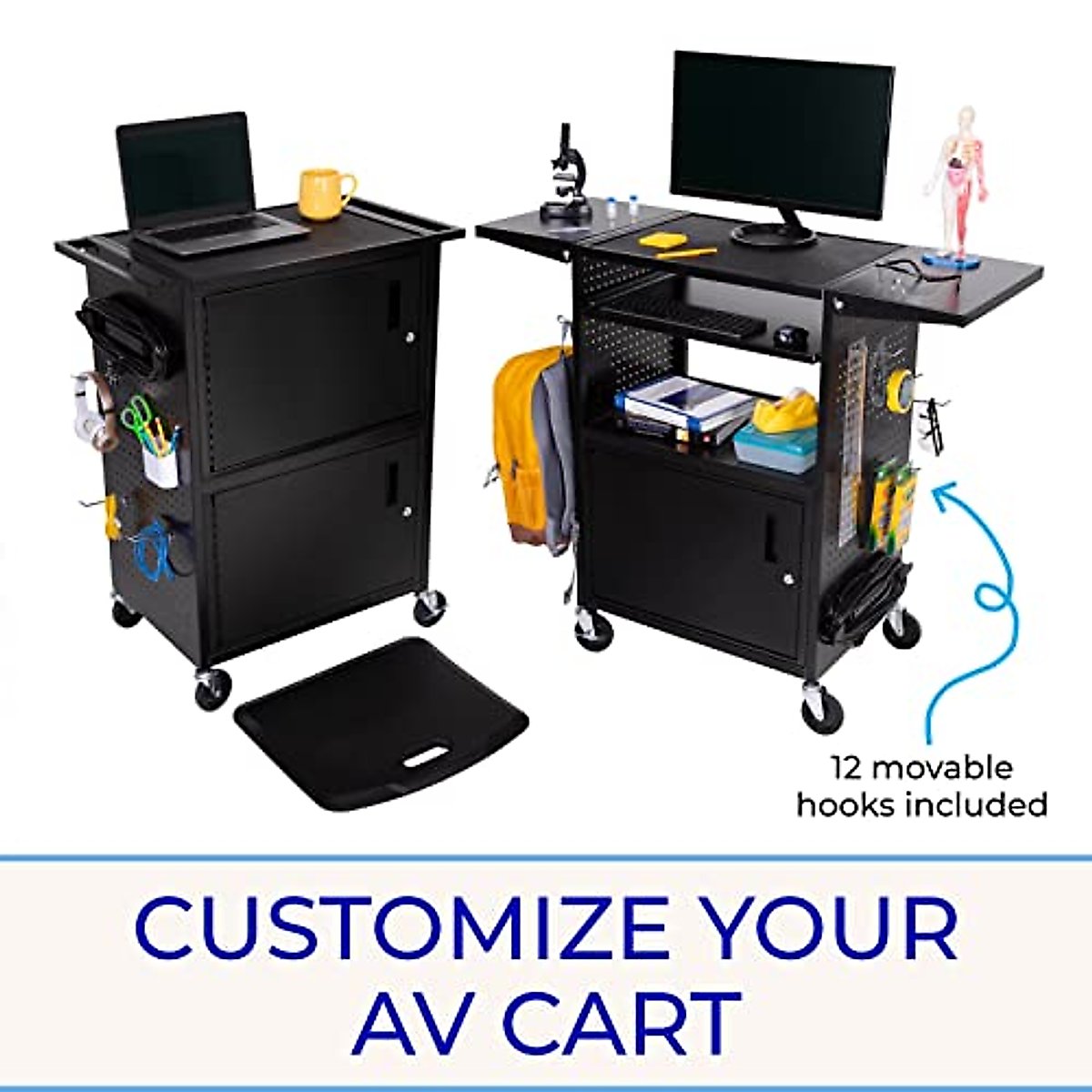 Line Leader Stellar AV Cart | Computer Cart with Pegboard Siding & 12 Hooks for Customizable Storage | Locking Cabinet & Pullout Keyboard Tray | UL Safety Certified Power Outlets | Locking Wheels 