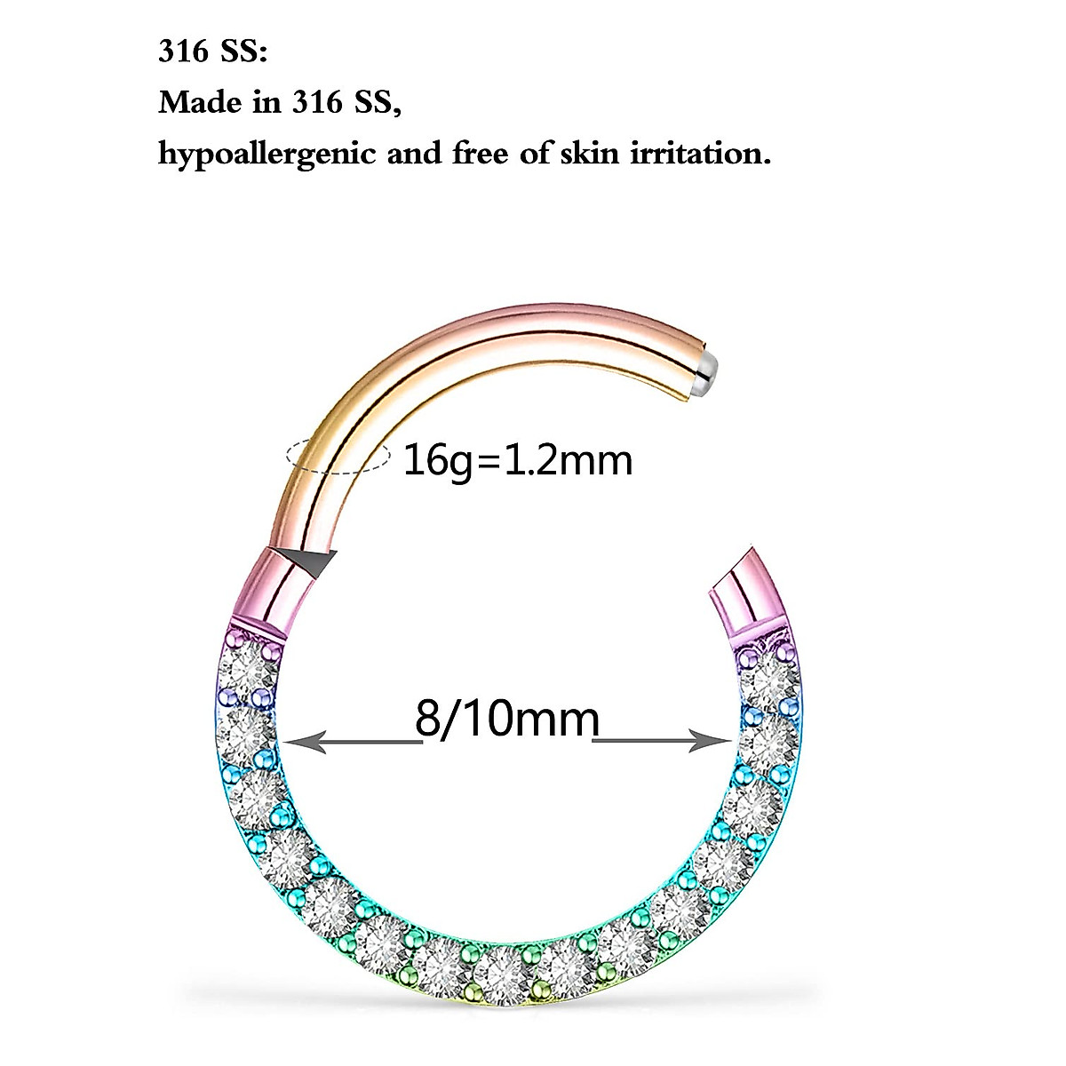 Kadogohno Septum Hoop Rings Piercing Jewelry 16g 8mm 5/16 Rainbow Daith Helix Earrings for Women Men Hypoallergenic Surgical Stainless Steel