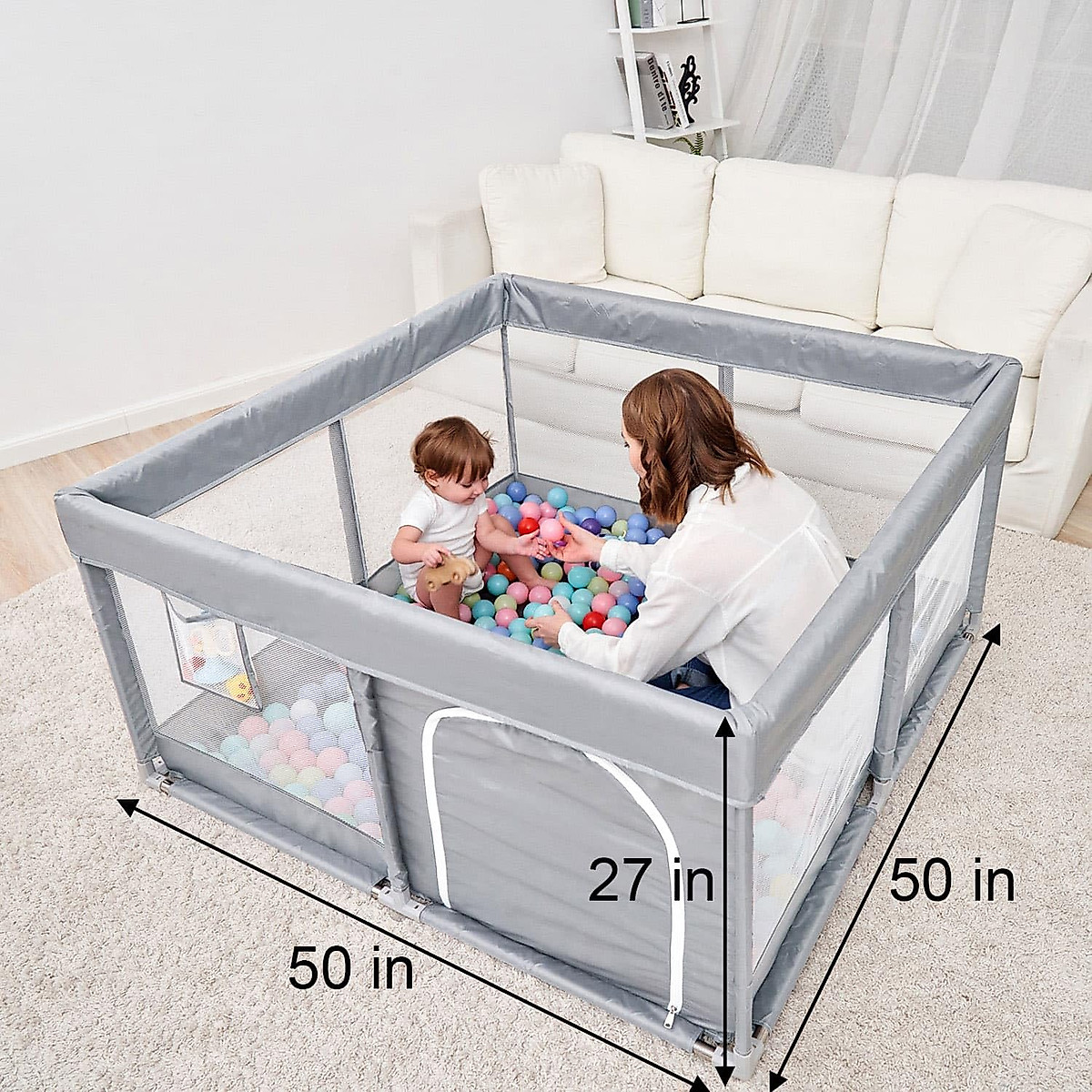 PandaEar Large Playpen for Toddlers, Sturdy Baby Play Yards with Soft Breathable Mesh, Indoor & Outdoor Kids Activity for Infant Safety (50"×50")-Grey