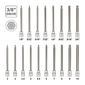Mayouko 3/8" Drive Extra Long Ball-End Hex Bit Socket Set, 1/8"-3/8", 3-10mm, SAE&Metric, 5.9 Inch Length