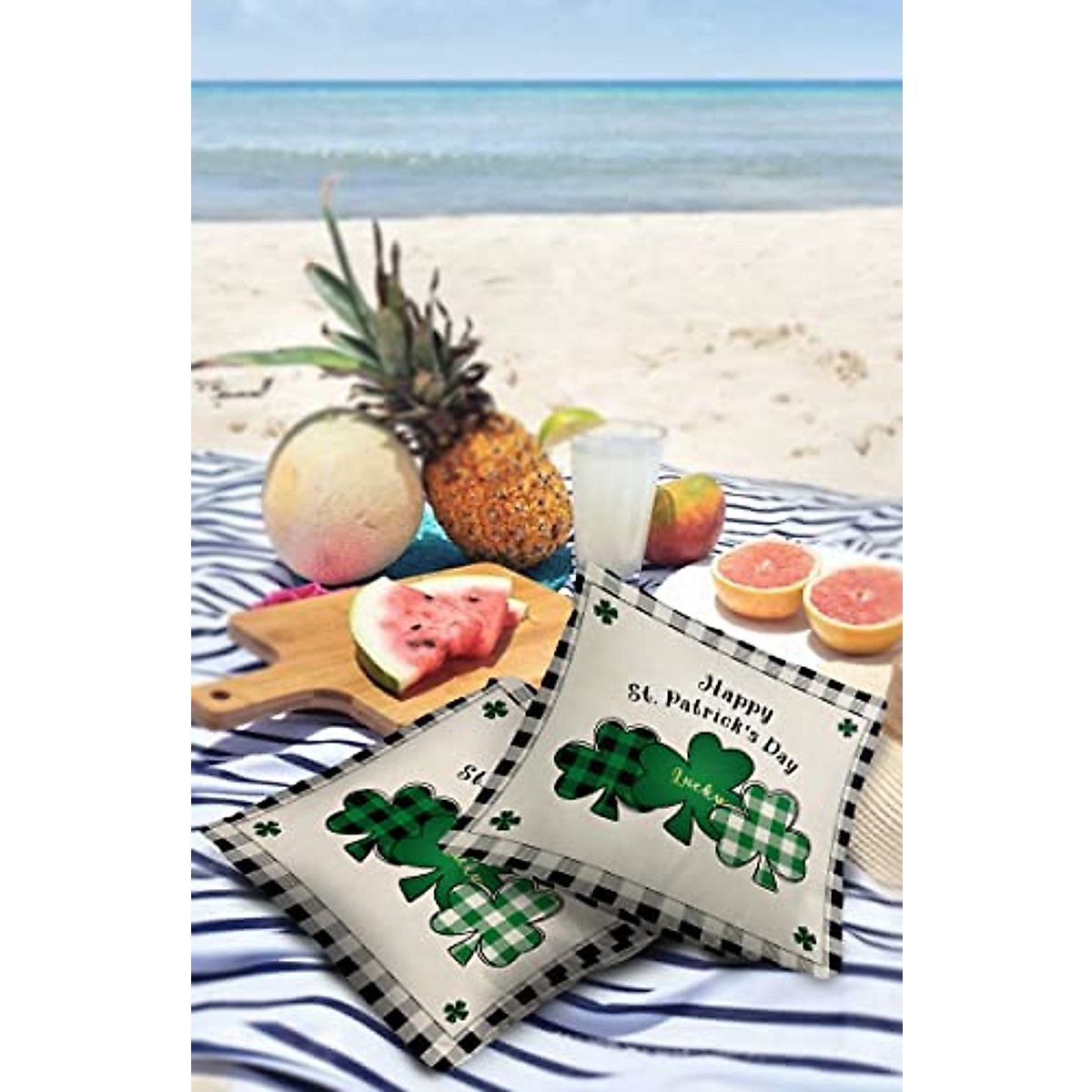 Outdoor Pillows 18x18 Waterproof Outdoor Pillow Covers, St. Patrick's Day Clovers Lucky Polyester Throw Pillow Covers Garden Cushion Decorative Case for Patio Couch Decoration Set of 2, Buffalo Plaid