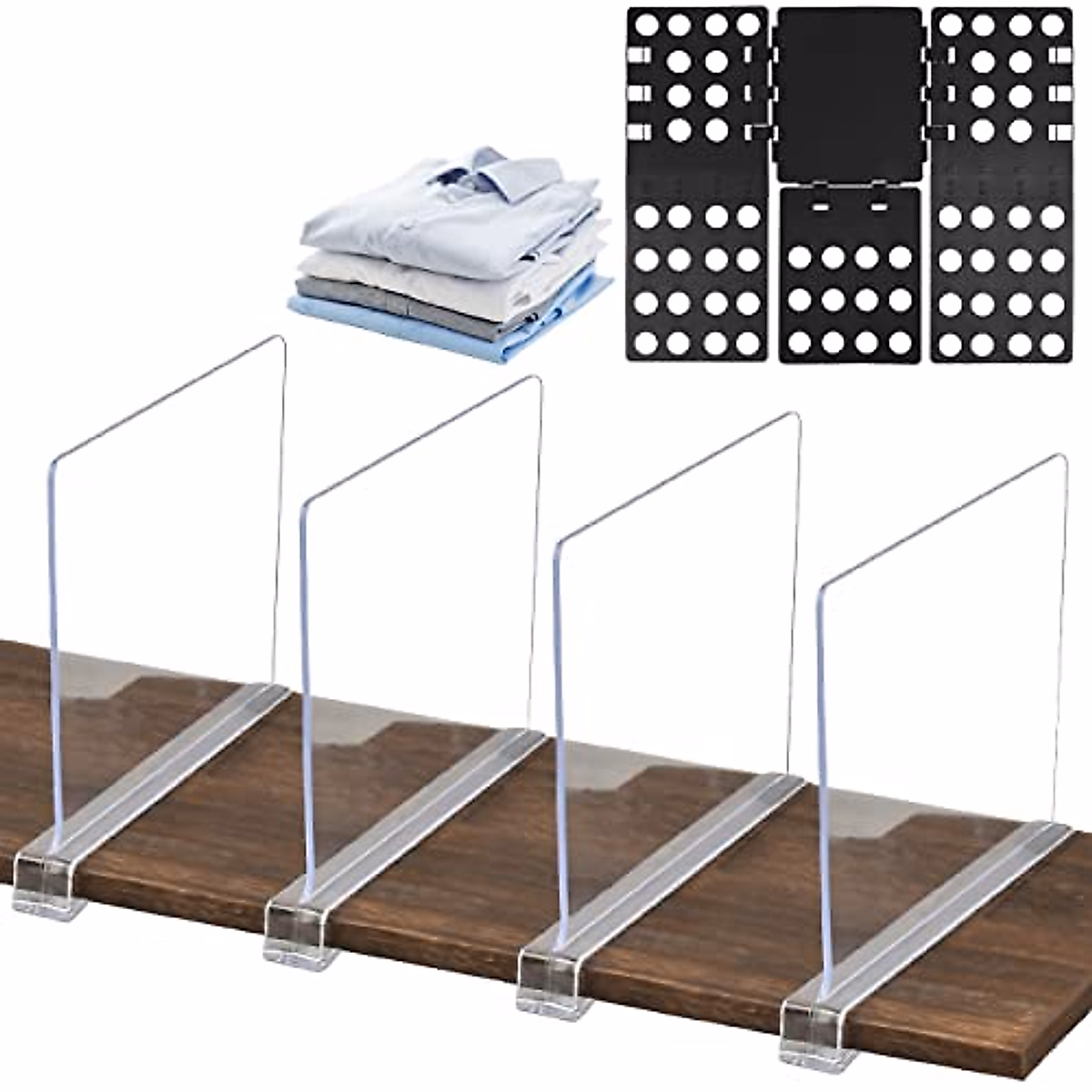 BVOPLME 4 Pack Acrylic Shelf Divider with 1 Pack Shirt Folding Board Set, Closets Shelf Organizer, Shelf Dividers for Closet Organization, Purses Closet Separators Shelf Organizer in Bedroom, Kitchen