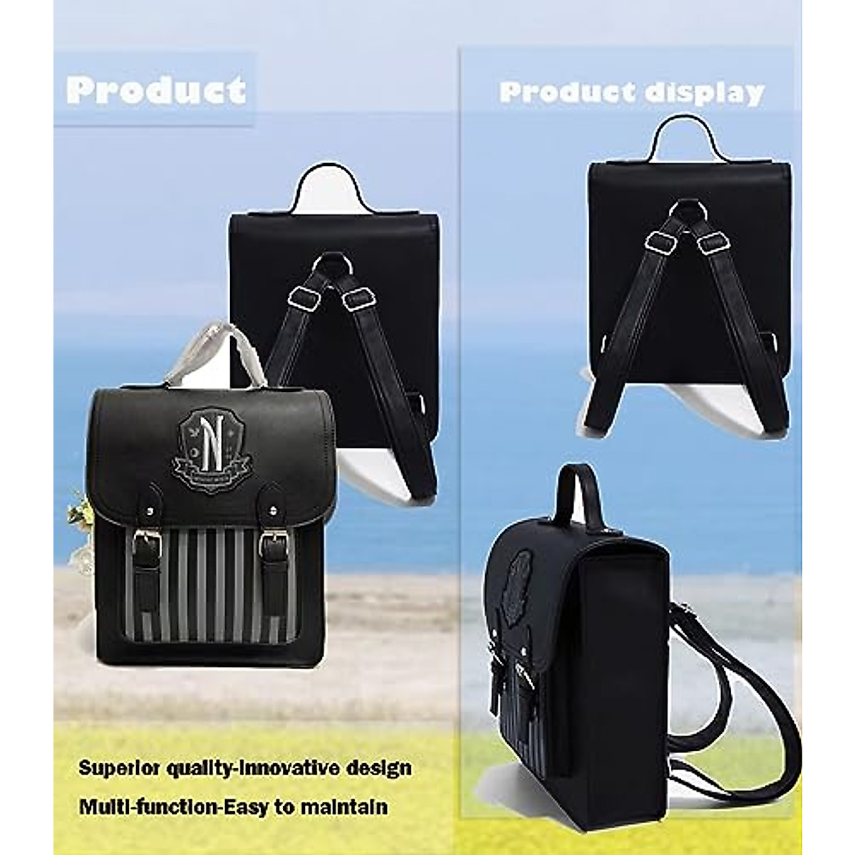 SOBOUR Wednesday Addams Backpack Vintage Leather Nevermore Academy Backpack PU Wednesday Nevermore Bag Y2K Travel Backpack