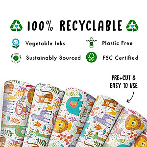 CENTRAL 23 Kids Birthday Wrapping Paper for Boys (x6) Sheets - For Girls - New Baby Birthday Gift Wrap - Safari Animals - Dinosaur Wrapper Paper - Kids Gift Wrap Matte - Recyclable