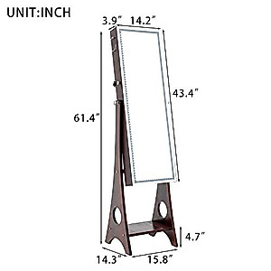 Knocbel LED Jewelry Cabinet Full Body Mirror Lockable Jewelry Armoire Standing Angel Adjustable Storage Organizer Box with Inner Mirror & 2 Drawers, 15.75" L x 14.96" W x 61.42" H (Brown)