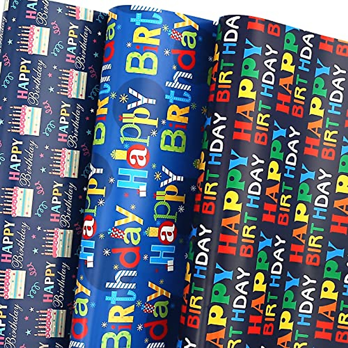 U'COVER Birthday Wrapping Paper 6 Large Sheet Happy Birthday Gift Wrapping Paper for Kids Boys Girls Men Women Baby Shower 3 Style Colorful Birthday Greeting Gift Wrap Paper Folded Flat 27 * 37inch