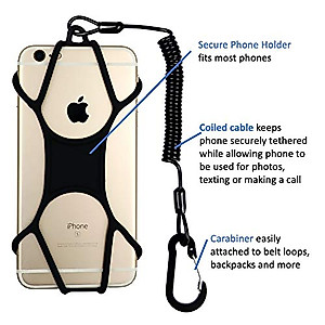 Rugged Phone Lanyard Holder with Coiled Strap Tether and Gated Carabiner for Hiking, Climbing, Skiing, Outdoors, School, Travel, Clip to Belt Loop, Clothing, Backpack, Compatible with Most Cell Phones