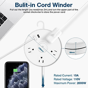 Retractable Power Strip, QWOZUEO 5 Ft Extension Cord, Power Strip Surge Protector with 4 Outlet 2 USB Ports and Hook, 2000 Joules USB Wall Charger, Portable Travel Power Strip for Home, Office, Hotels