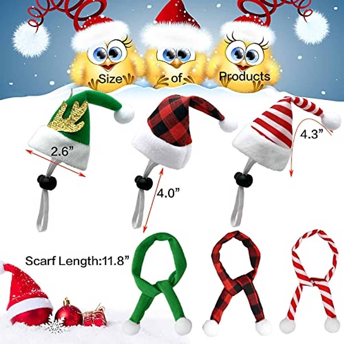 ShuRung 12Pcs Christmas Pet Chicken Hat Scarf Small Animal Xmas Santa Mini Chick Guinea Pig Bunny Hats with Adjustable Chin Strap for Duck Hamster Chinchilla Pets, Green,Black
