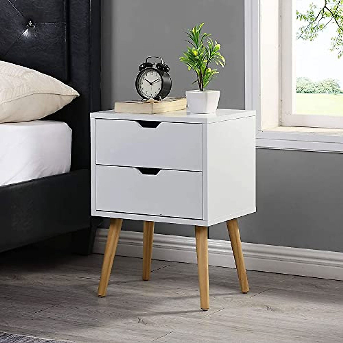 sweetgo End Side Table Nightstand with Storage Drawer -Fashion Modern Assemble Storage Cabinet Bedroom Bedside -Solid Wood Legs Living Room Bedroom Furniture-Double Drawer Nightstand-Set of 2 (White)
