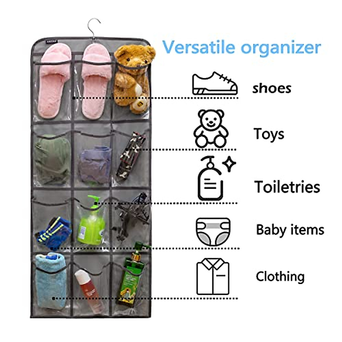 ANZORG Dual Sided Hanging Shoe Organizer for Closet with Rotating Hanger Hanging Shoe Rack Holder with 24 Large Pockets (GREY-Clear Pockets)