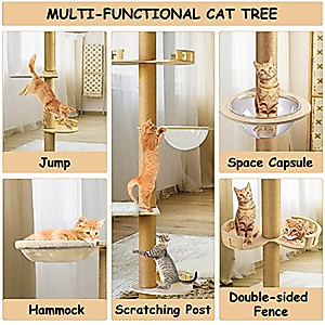 HOPERAN Floor-to-Ceiling Cat Tree (Adjustable Height: 100.3" - 106.3") 4-Layer Cat Climbing Tower with Hammock, Fence Springboard, Space Capsule, Fence Lookout, Natural Sisal Rope Scratching Posts