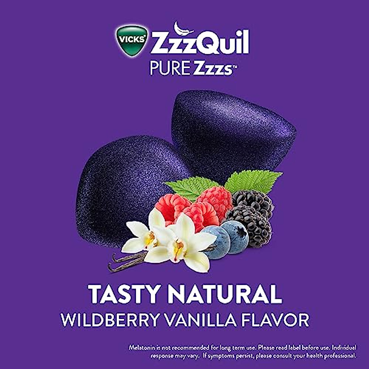 ZzzQuil PURE Zzzs, Melatonin Sleep Aid Gummies with Lavender, Valerian Root and Chamomile, Natural Wildberry Vanilla Flavor, Non-Habit Forming, Drug-Free, 48 Count