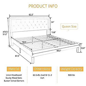 SHA CERLIN Queen Platform Bed Frame with Upholstered Headboard and Wood Slats, Fabric Rhombic Button Tufted Adjustable Headboard, No Box Spring Needed