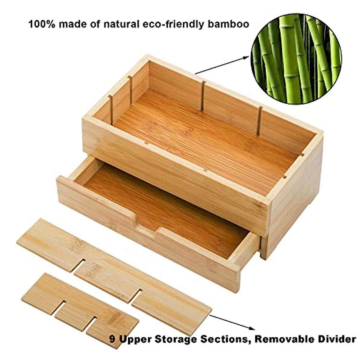 Suwimut Bamboo Makeup Organizer with Drawers, Multi-functional Cosmetic Display Case with 9 Sections for Bathroom, Countertop, Dresser, Wooden Vanity Organizer for Beauty Supplies