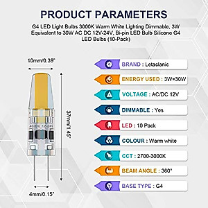 Letaclanic G4 LED Light Bulbs 3000K Warm White Lighting Dimmable, 3W Equivalent to 30W AC DC 12V-24V, Bi-pin LED Bulb Silicone G4 LED Bulbs (10-Pack)