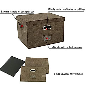 JSungo File Box with 5 Hanging Filing Folders, Document Organizer Storage for Office, Collapsible Linen Storage Box with Lids, Home Portable Storage with Handle, Letter Size Legal Folder, Brown