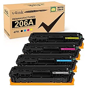 v4ink 206A (with Chip) Remanufactured Toner Cartridge Replacement for HP 206A W2110A for use in Color MFP M283fdw Pro M255dw M283cdw M283fdn M255nw M282nw M282 M255 M283 Series (KCMY, 4 Pack)