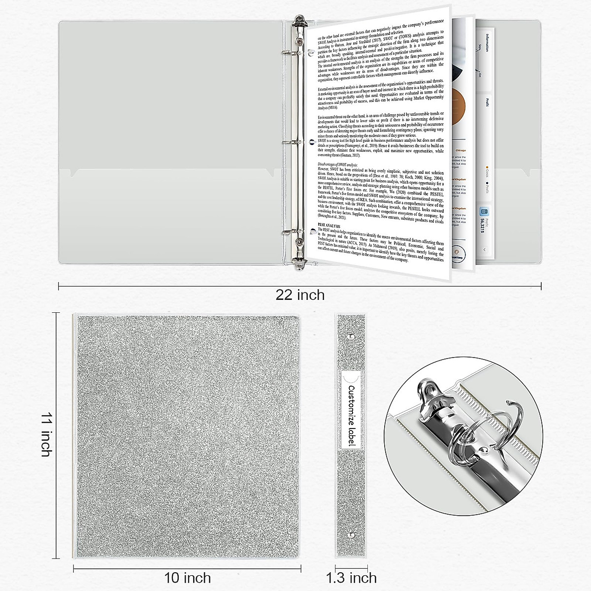 EYROZILL 1" Binder 3 Rings, Glitter Binder Holds 300 Sheets, Waterproof, 2 Pockets, Silver