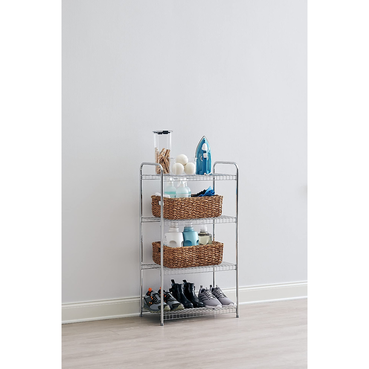 Rubbermaid 4-Tier Heavy Duty Wire Shelf, Satin Nickel, Easy Assemble with Hardware Included, for Food/Laundry/Closet Home Storage Use