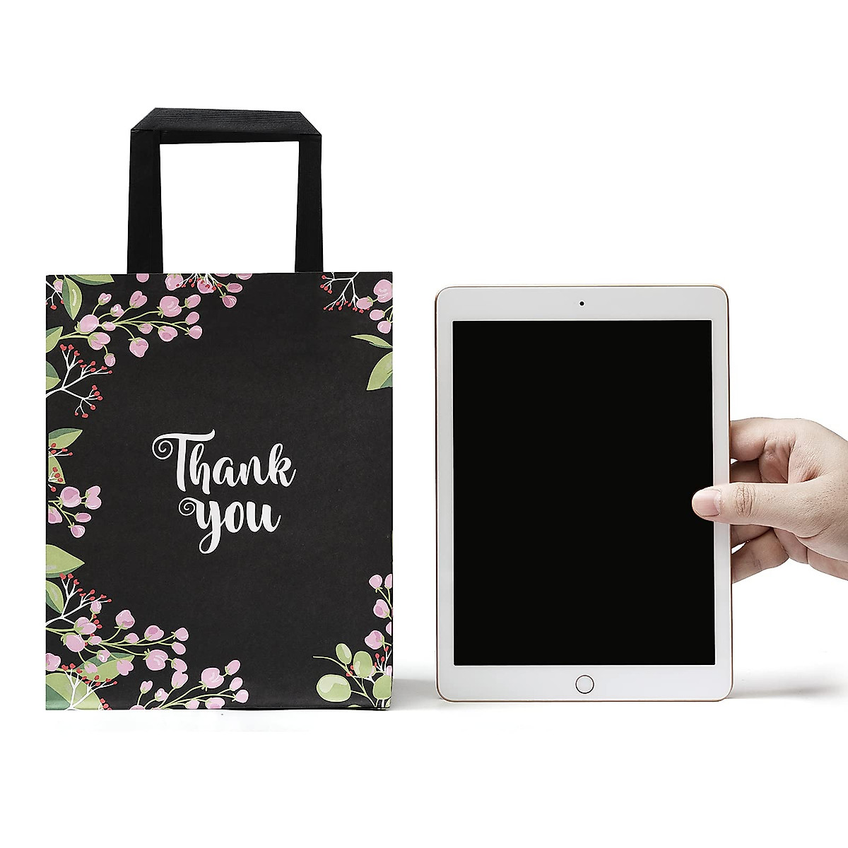 Black Thank You Gift Bags 50 Pack 8" X 10" Medium Size Paper Bags With Handles Floral Design Bulk Thank You Bags For Business Boutique, Gifts Wedding Favors Retail Shopping Goody Bags