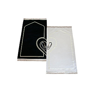 ihvan online, Muslim Prayer Rug for Couples, Praying Mat Set for Women & Men, Heart Patterned, Soft, Prayer Beads, Islamic Gifts for Ramadan Eid Valentines Day, Two Pieces, White-Black