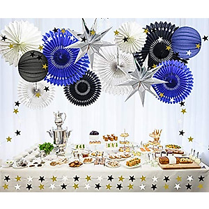 Hanging Party Decoration Supplies Set of Tissue Paper Fans Star Garland Paper Lanterns for Graduation Wedding Anniversary Birthday Backdrop Decoration (Navy Blue White Black)