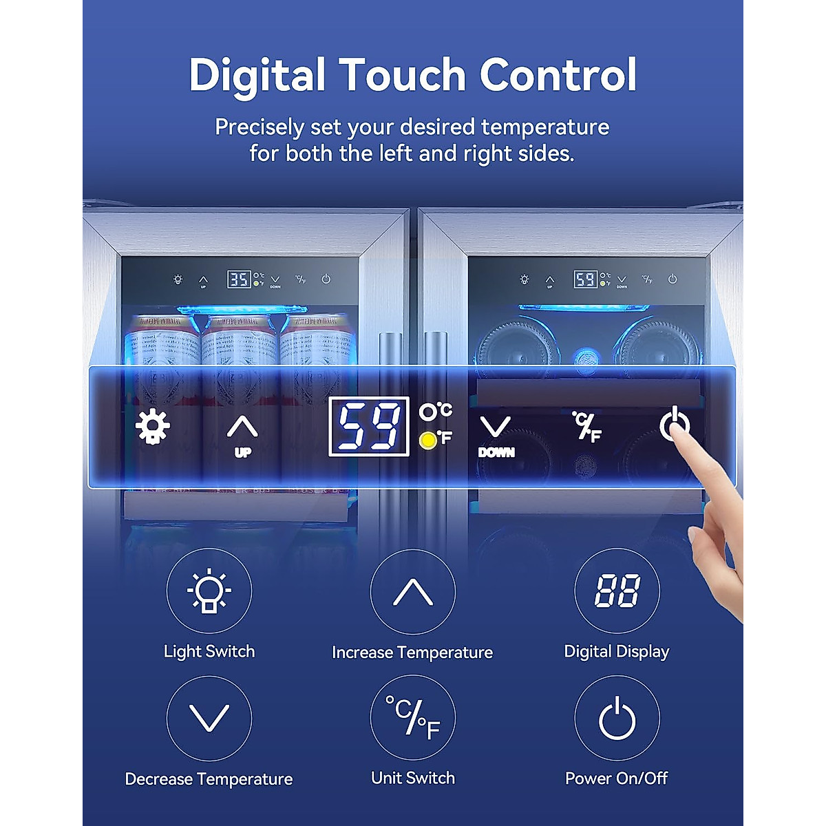 Plotanis 24 Inch Wine Fridge Dual Zone 20 Bottles 60 Cans Wine Refrigerator Built-in or Freestanding Wine Beverage Cooler with Glass Door, 3-Color Light, Safety Lock