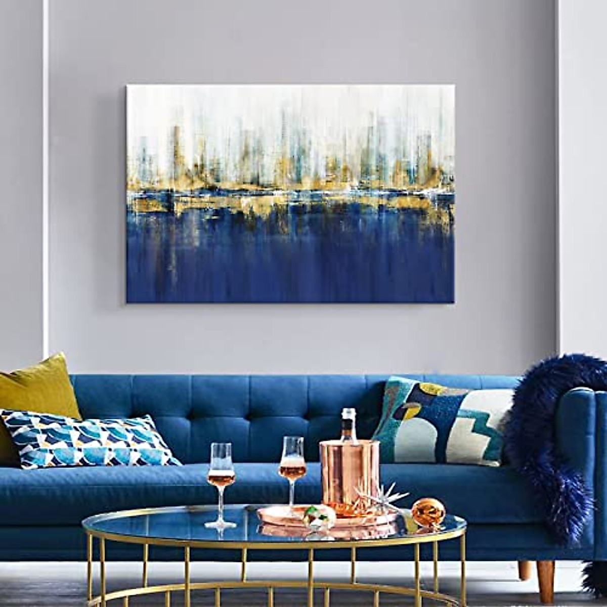 7Fisionart Abstract Wall Art Indigo Blue Canvas Paintings Gold Cityscape Modern Skyline Large Size Picture Artwork Framed for Living Room Bedroom Home Office Wall Decor 36"x24"