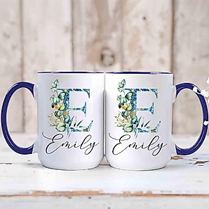 Yanria Personalized Floral Alphabet Mug, Ceramic, 11oz, Microwave & Dishwasher Safe, Custom Name Mug Gift for Women & Men