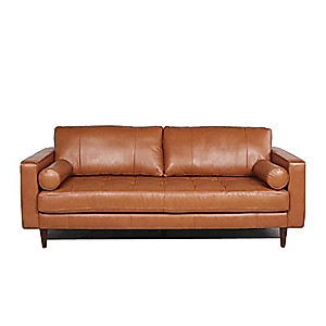 MAKLAINE 88" Top Grain Genuine Leather Tufted 3 Seater Sofa with Bolster Pillows, Mid Century Modern Lawson Style Couch with Excellent Craftsmanship, Camel Brown