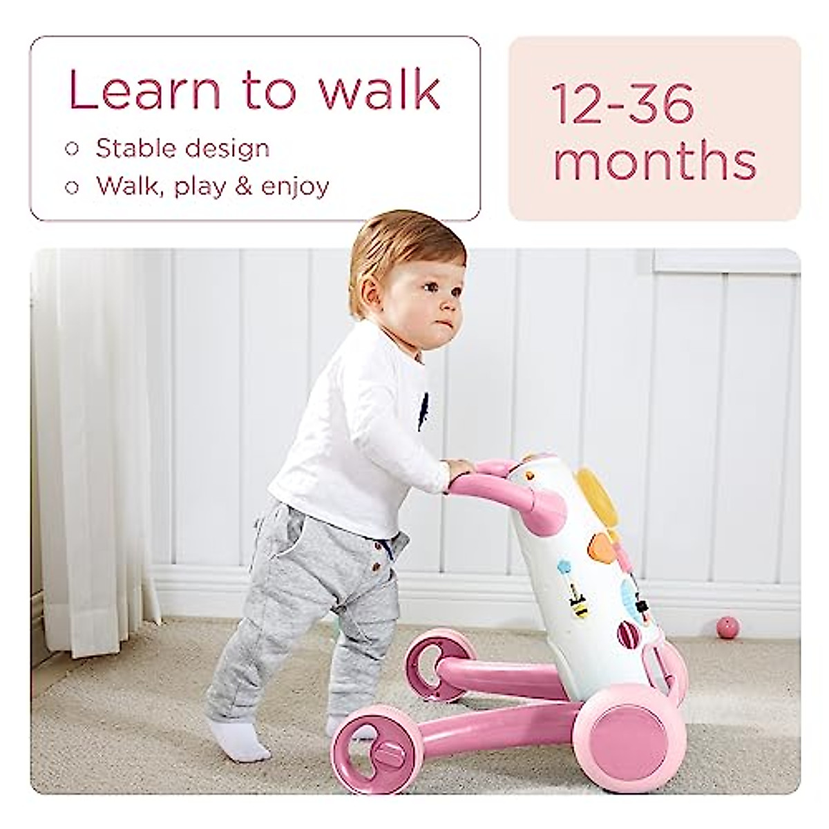 KÜB Baby & Toddler Interactive Push Walker, Educational Music Lights and Activities, Adjustable Speed Wheels, Safe & Stable,Pink,Girls Toy