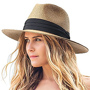 Panama Straw Hat for Women & Men, Foldable Summer Beach Sun Protection Hats, Adjustable Summer Hat Wide Brim Packable Cap Khaki