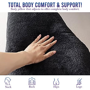 Memory Foam Body Pillow (Black, 20 x 54 Inch) - Full Body Pillows for Adults - Large Body Pillow Insert with Pillowcase for Back & Side Sleepers, Black Silk Body Pillow Cover & Silk Bonnet